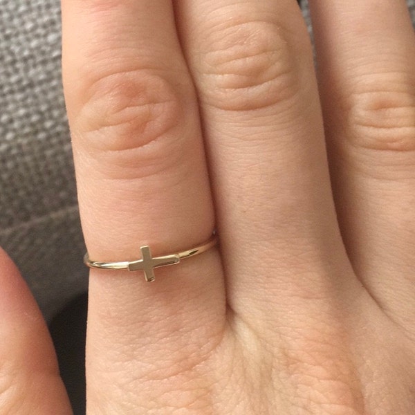 14K Solid Gold Tiny Cross Ring, 18K Solid Gold Dainty and Cute Cross ...