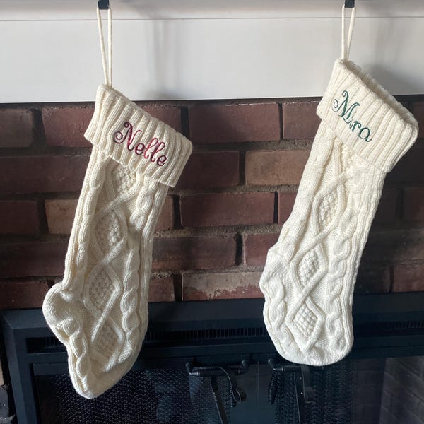 Personalized Stocking, Embroidered Stocking, Red Cable Knit Stocking ...