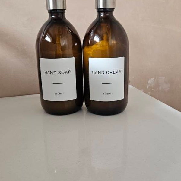 Amber Glass Dispenser - Labelled Bottle With Metal Silver Pump ...