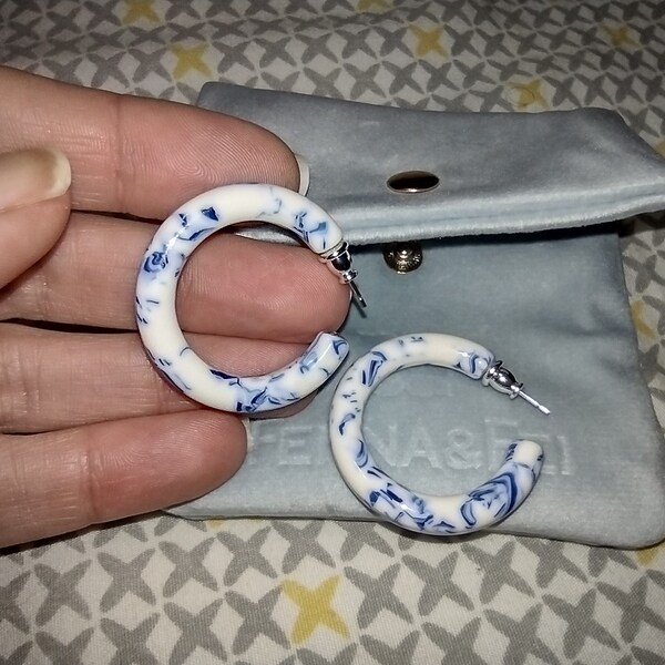 35mm Round Hoops in Porcelain Thick Chunky White and Blue Hoop Earrings ...