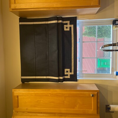 Flat Roman Shade, Greek Key Design Border, Navy Roman Shade With White ...