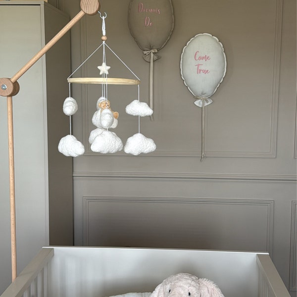 TEDDY’S DREAM Cot Mobile, Boucle Cot Mobile, Cloud Mobile, Neutral ...