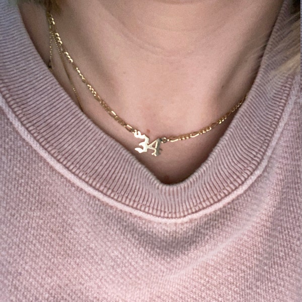 Number, Year, Name Necklace, With Silver, 18K Gold Filled Figaro Chain ...