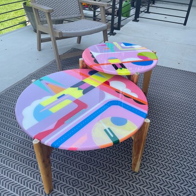 Colorful Handmade Groovy Resin Neon Side Coffee Table, Unique Wooden ...