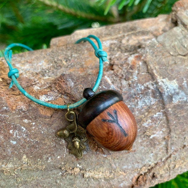 Wooden Acorn Locket Pendant, Ogham Oak Symbol, Runes, Adjustable Cord ...