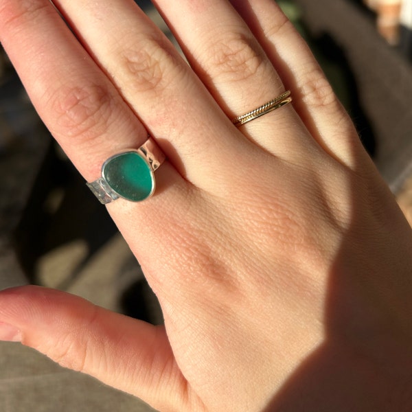Teal Hammered Sea Glass Ring, Wide Band Sterling Silver Ring, Sea Glass Jewelry, Ocean Ring ...
