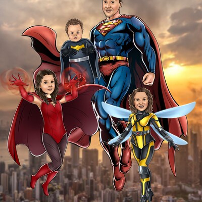 Superhero Family Portrait Cartoon Family Art - Etsy