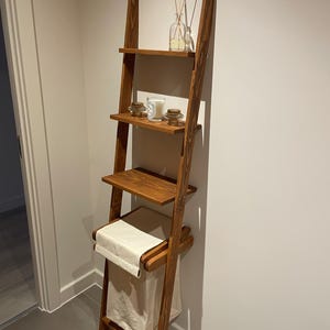 Farmhouse Wooden Shelving Laundry Ladder Basket Storage Organizer ...