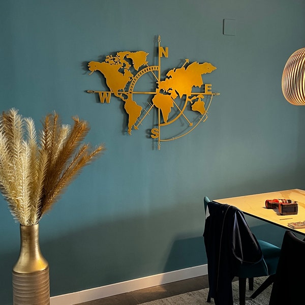 Contemporary Design World Map, Industrial Wall Decor, World Map Compass ...