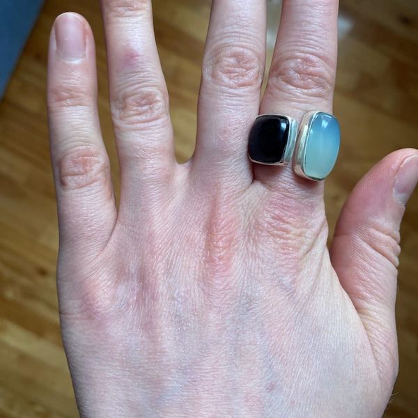 Chalcedony Onyx Ring, Natural Genuine Chalcedony Onyx Ring, Two Stone Ring, Blue and Silver ...