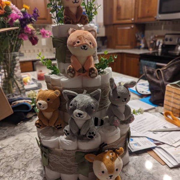 Woodland Animals Diaper Cake, 3 Tier Forest Themed Diaper Cake ...