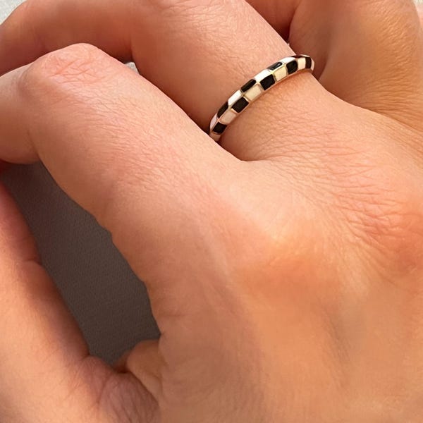 14k Solid Gold Checkered Enamel Ring for Her - Etsy