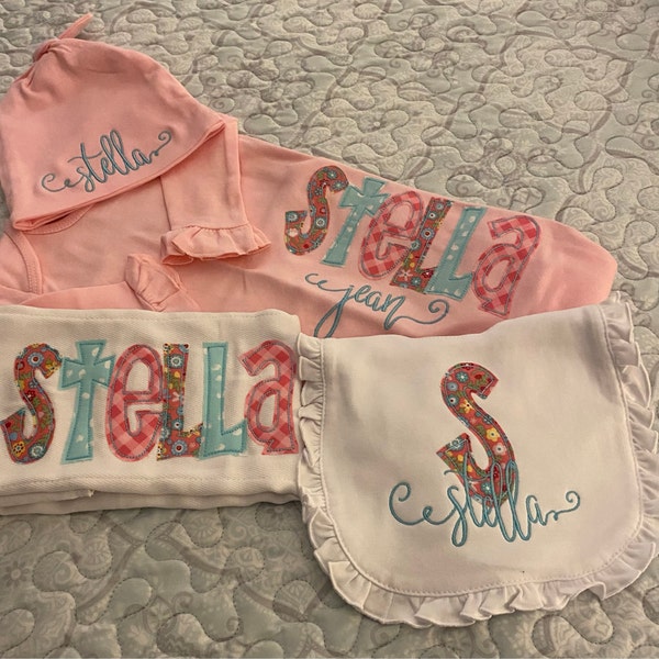 Personalized Embroidered Baby Boy Gown, Hat, and Burp Cloth Set ...