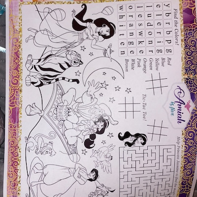 Princess Jasmine Activity Placemat, Princess Jasmine Placemat, Princess ...