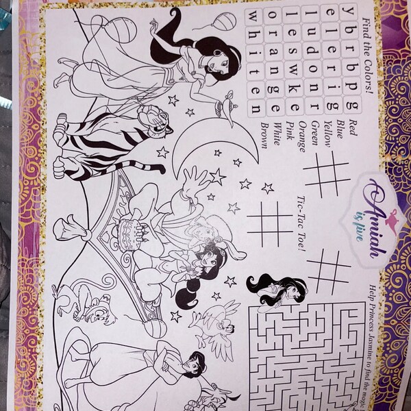 Princess Jasmine Activity Placemat, Princess Jasmine Placemat, Princess ...