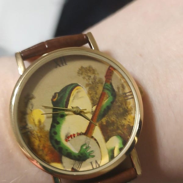 Frog Playing Guitar Leather Watch, Frog Music Ladies Watch, Unisex ...
