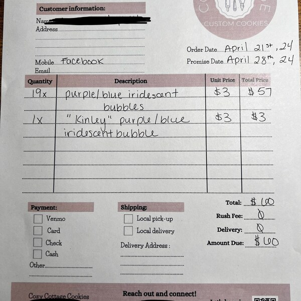 Cookie Order Form Template, Bakery Order Form Receipt, Small Business ...