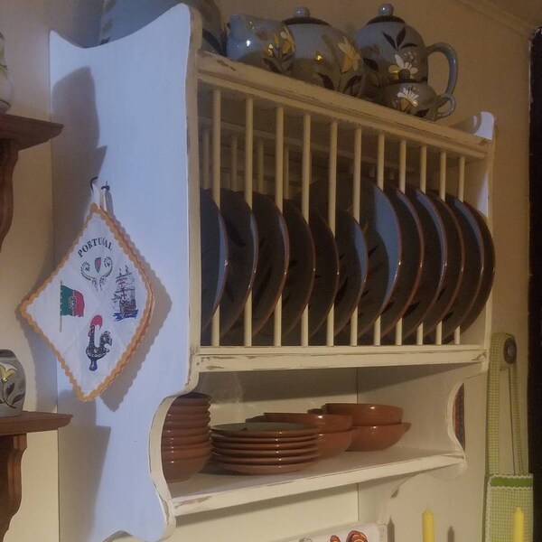 Farmhouse Plate Rack With Primitive Towel Rung, Hanging Plate Rack ...