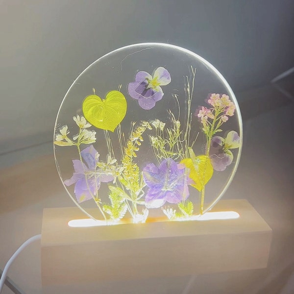 Timeinhand|natural Flowers Night Light With Wood Base,colorful Pressed ...