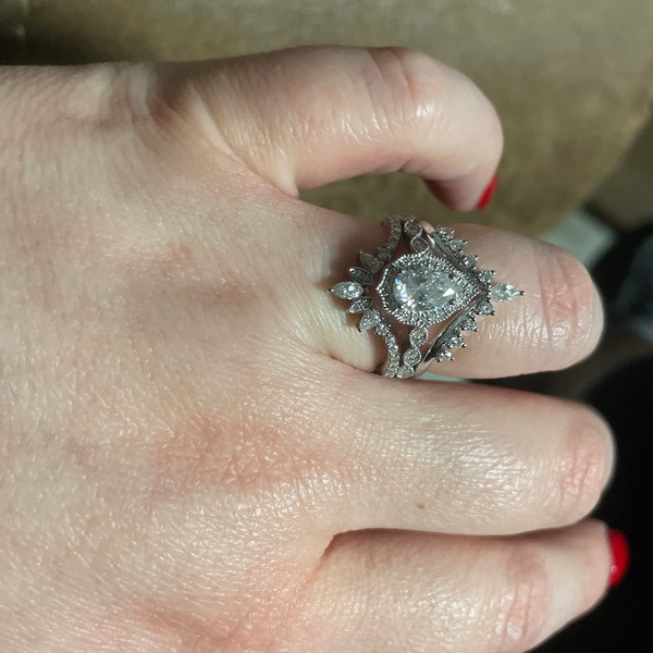 Pear Shaped Moissanite Engagement Ring Set Rose Gold Milgrain Cluster
