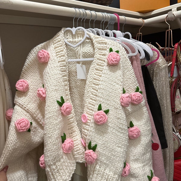 Leilayca Pink Roses Cardigan , Chunky Cropped Cardigan for Woman ...