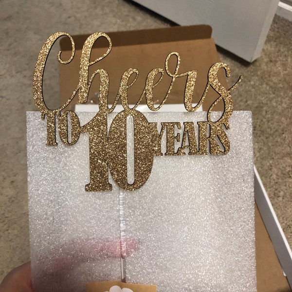 Cheers to 10 Years Cake Topper, 10th Anniversary Cake Topper, Glitter ...