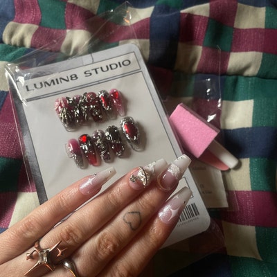 LM014 Black and White Star Themed Nails Minimal Style Nails Handpainted ...