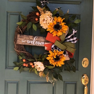 Fall Sunflower Welcome Wreath, Fall Wreath, Fall Farmhouse Wreath, Fall ...