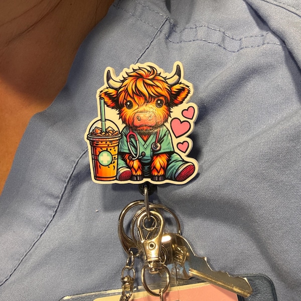 Highland Cow in Scrubs Retractable ID Badge Reel, Cute Cow With Coffee ...