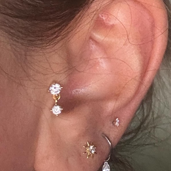 18G CZ Dangle Threadless Push Pin Labret Stud Earring, Sterling Silver ...