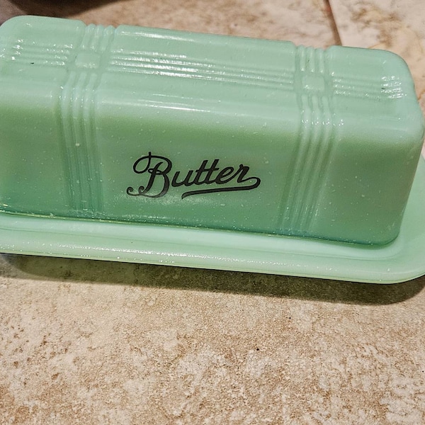 Jadeite Depression Style Glass Covered Butter Dish With Lid - Vintage ...