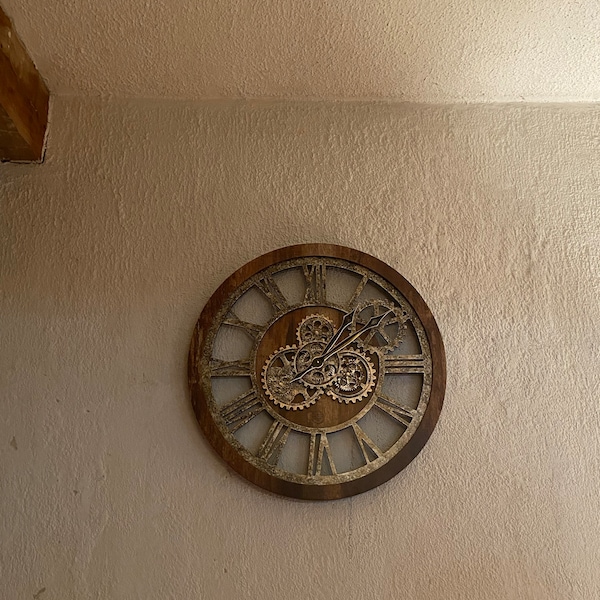 Wall Clock 24 Inches With Real Moving Gears Vintage Brown - Etsy