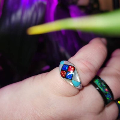Sterling Silver Blue Fire Opal Inlay Ring Hawaiian Blue Opal Gemstone ...