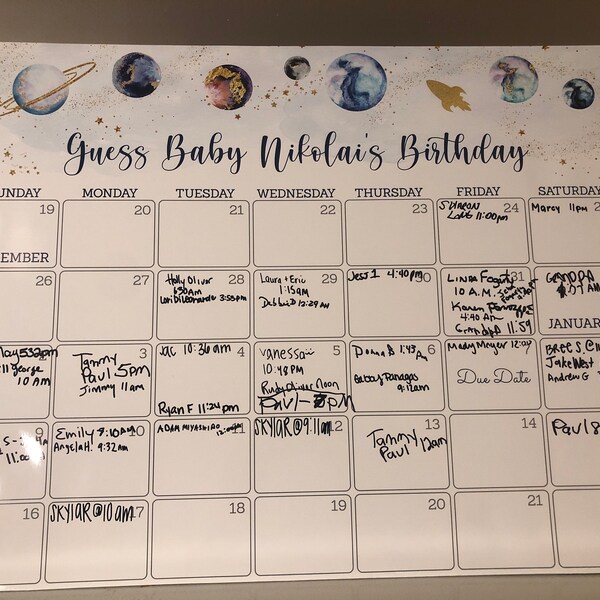 Editable Space Baby Shower Due Date Calendar Game Guess Baby's Birthday ...