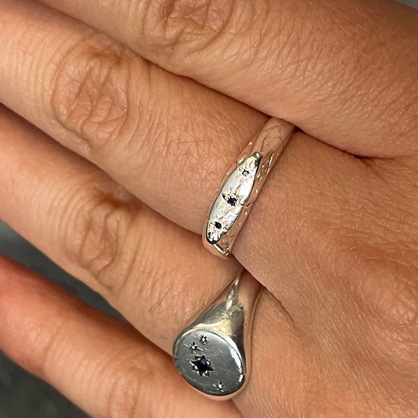 Blue Sapphire Celestial Ring - Silver Signet Ring - Etsy