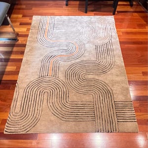 Modern Handwoven Wave Pattern Wool Shag Rug, Soft Wool Minimalist ...