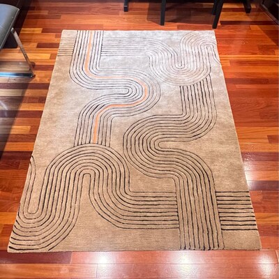 Modern Handwoven Wave Pattern Wool Shag Rug, Soft Wool Minimalist ...