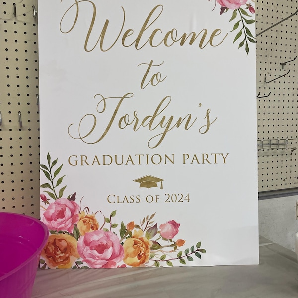 Hot Pink Orange Graduation Party Welcome Sign, Floral Grad Party Decor ...