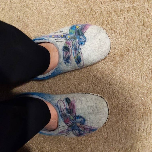 Dragonfly Art Felted Slippers for Women, Grey and Emerald Green Wool ...