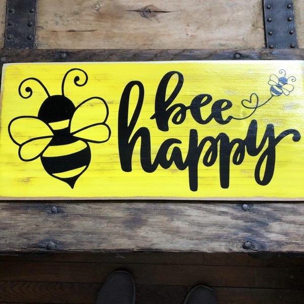 Bee Happy Sign, Bumble Bee Wreath Sign, Rustic Sign, Wreath Attachment ...