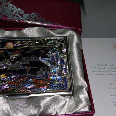 Mother of Pearl Asian Inlay Flower Jewelry Box Purple Vintage Keepsake ...