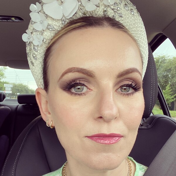 Peach and Powder Blue Birdcage Veiling Feather Fascinator, Headband ...