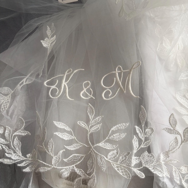 Custom Leaf Edge Embroidered Wedding Veil With Name and Date ...