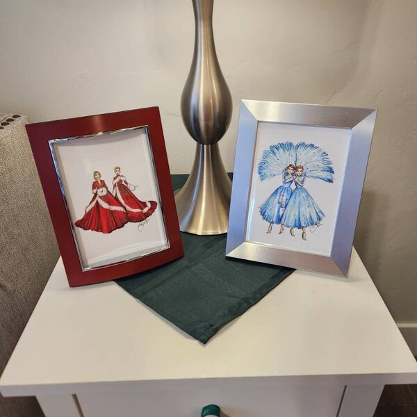 Sisters in Blue, White Christmas (holiday Fashion Illustration Print ...