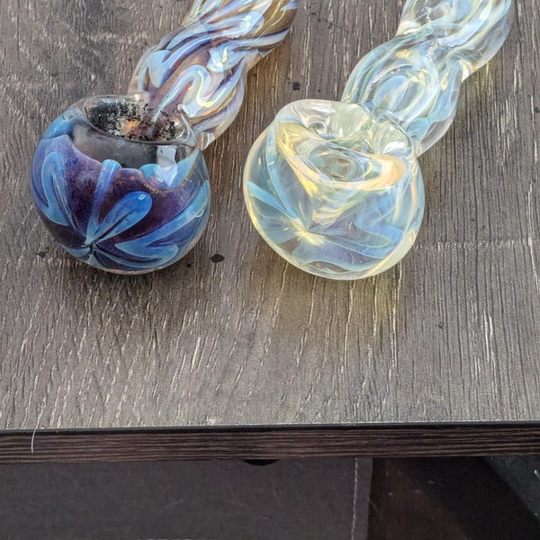 Yellow and Blue Fumed Glass Pipe Handmade Unique Golden Heady ...