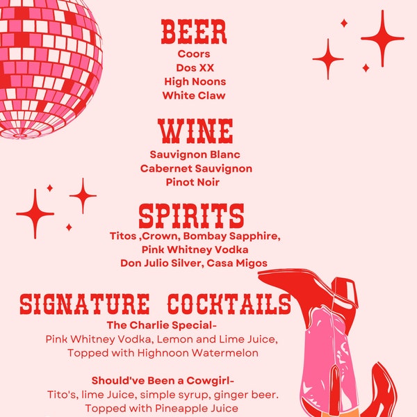 Disco Cowgirl Bar Menu Template, Disco Cowgirl Signature Template, Lets ...