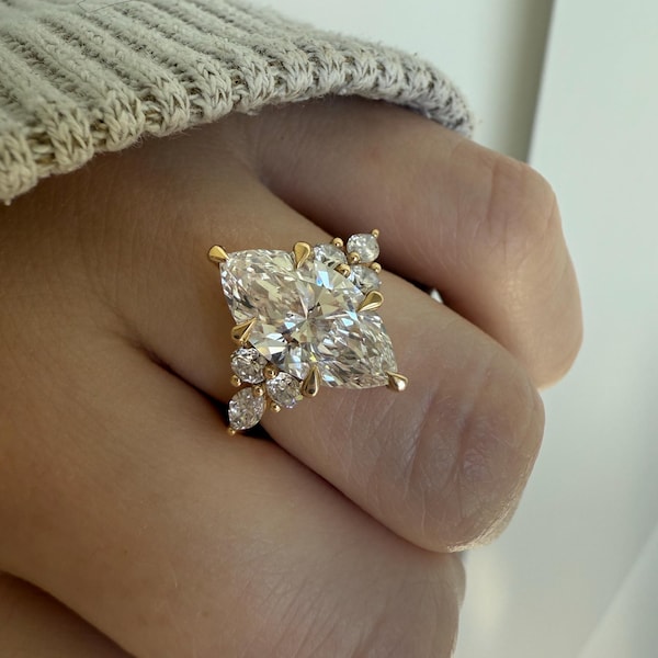 Radiant Diamond Engagement Ring 5 Diamond Proposal Ring for Her Double ...