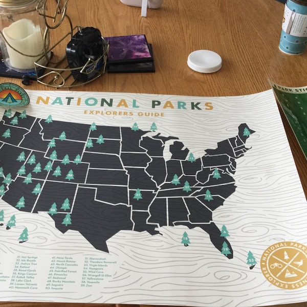 National Parks Map Print With Tree Stickers to Keep Track of Your ...