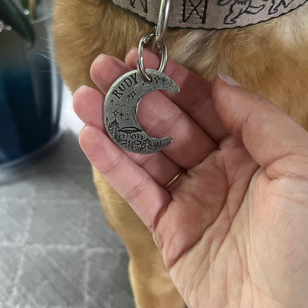 Moon Dog Tag, Moon Dog Tag With Stars, Dog Collar Tag, Hand Stamped ...