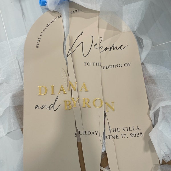 Beige Wedding Welcome Sign With Mirror Accents, Arched Welcome Plaque ...